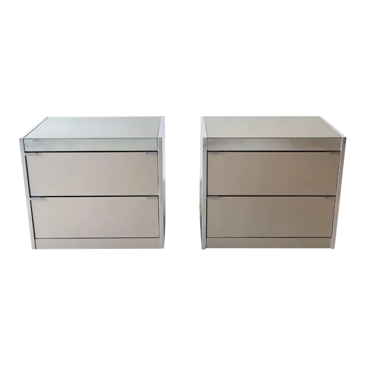 Ello Mid Century Mirrored Glass and Chrome Nightstands | Chairish