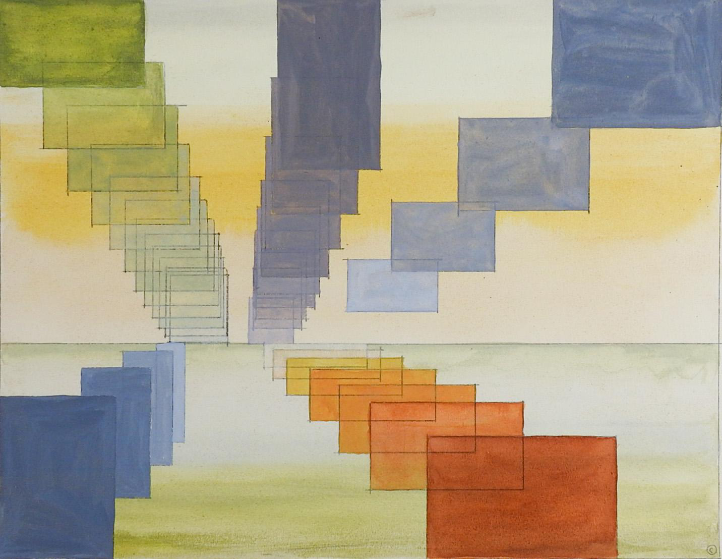 Geometric Abstract Blue & Yellow Watercolor Painting | Chairish