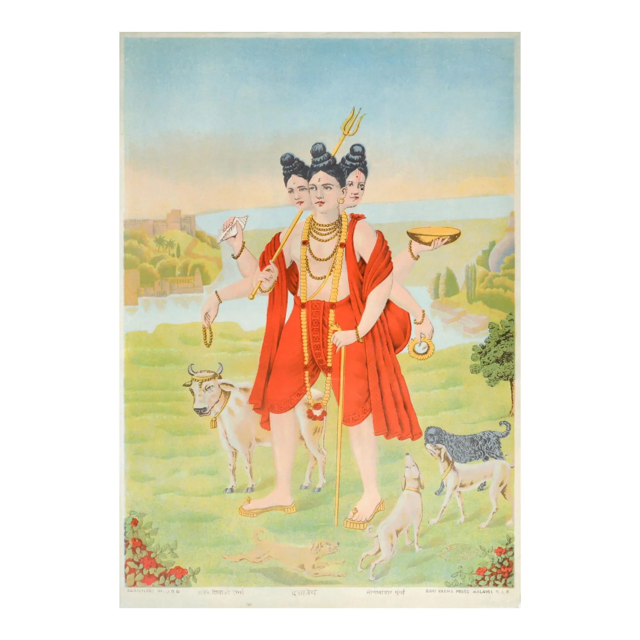 1920 Indian Offset Lithography, "Dattatreya" - Three Headed Goddess in ...