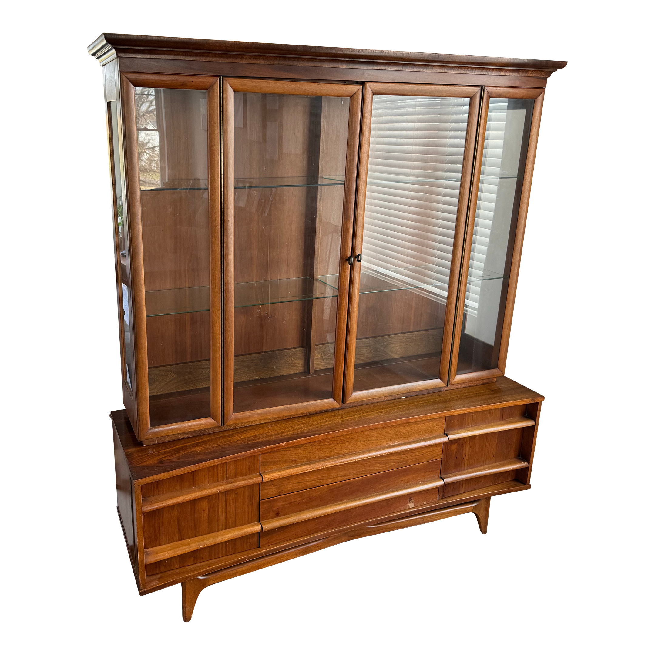 Young Manufacturing Mid Century Walnut Curved Buffet and Hutch China ...