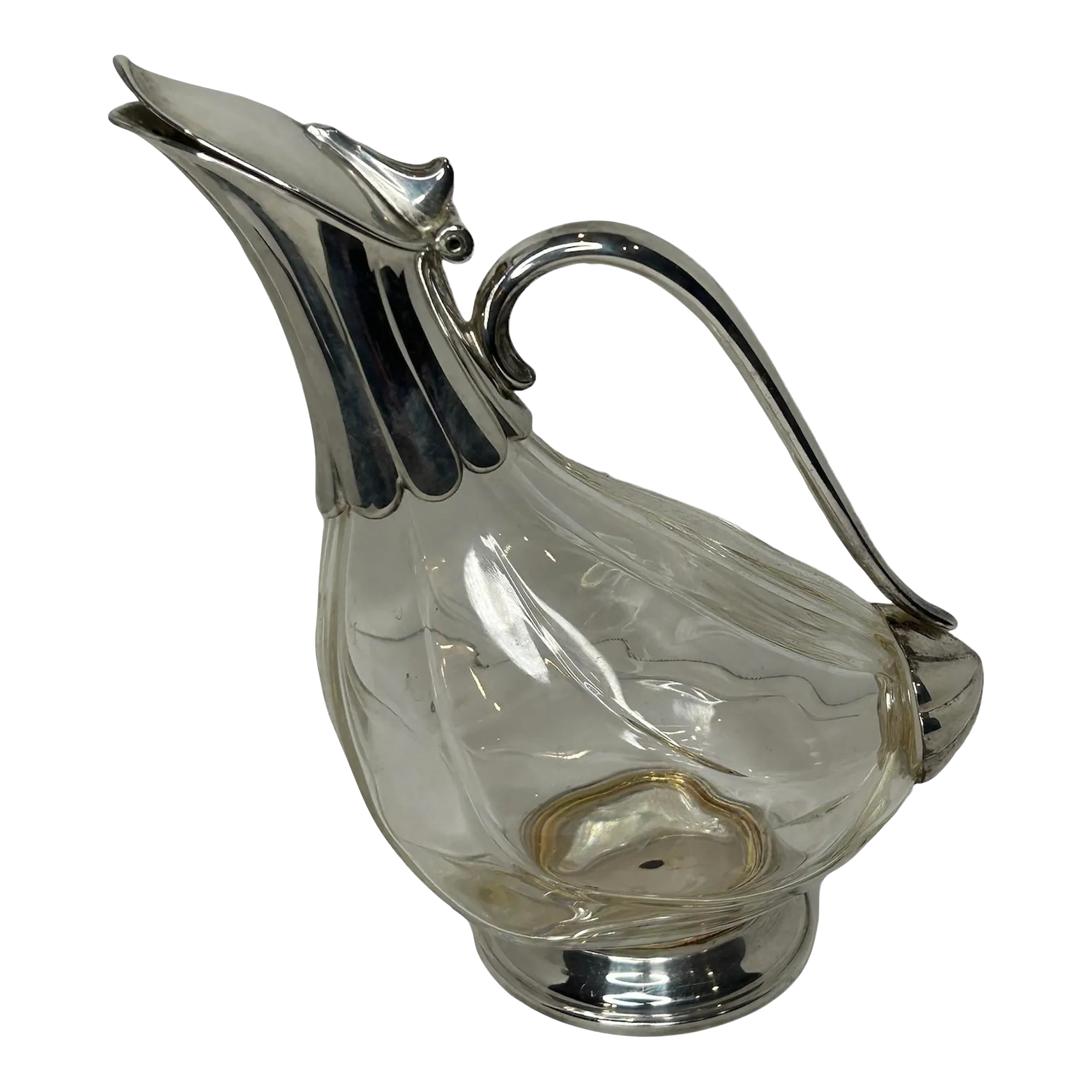 1970s Glass and Silver Plate Duck Decanter Pitcher Rock Crystal Rock ...