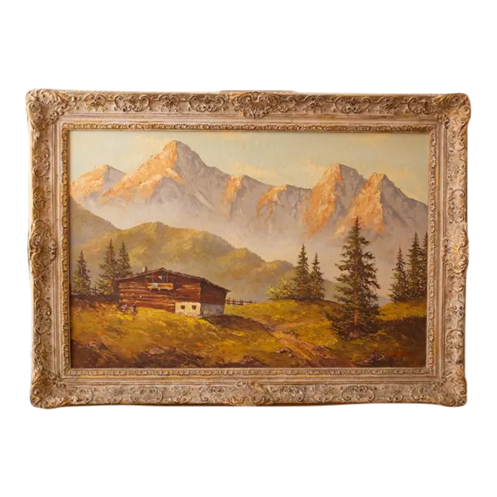 1950s Large Rustic Framed Landscape Painting of Mountain Cabin | Chairish