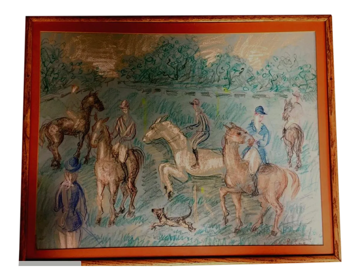 1950s Vintage French Hunting Scene Drawing | Chairish