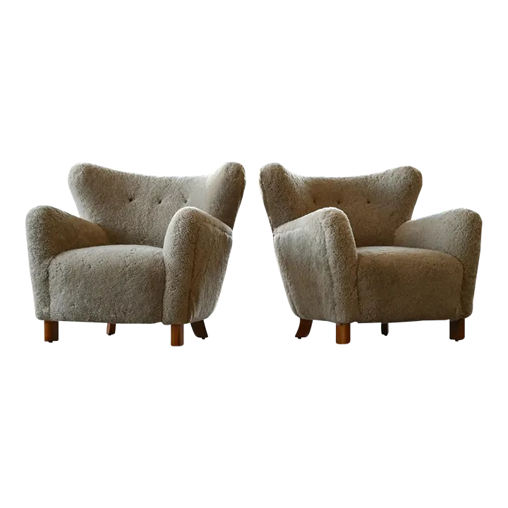 Pair of 1940's Style Classic Club or Lounge Chairs in Grey Shearling ...