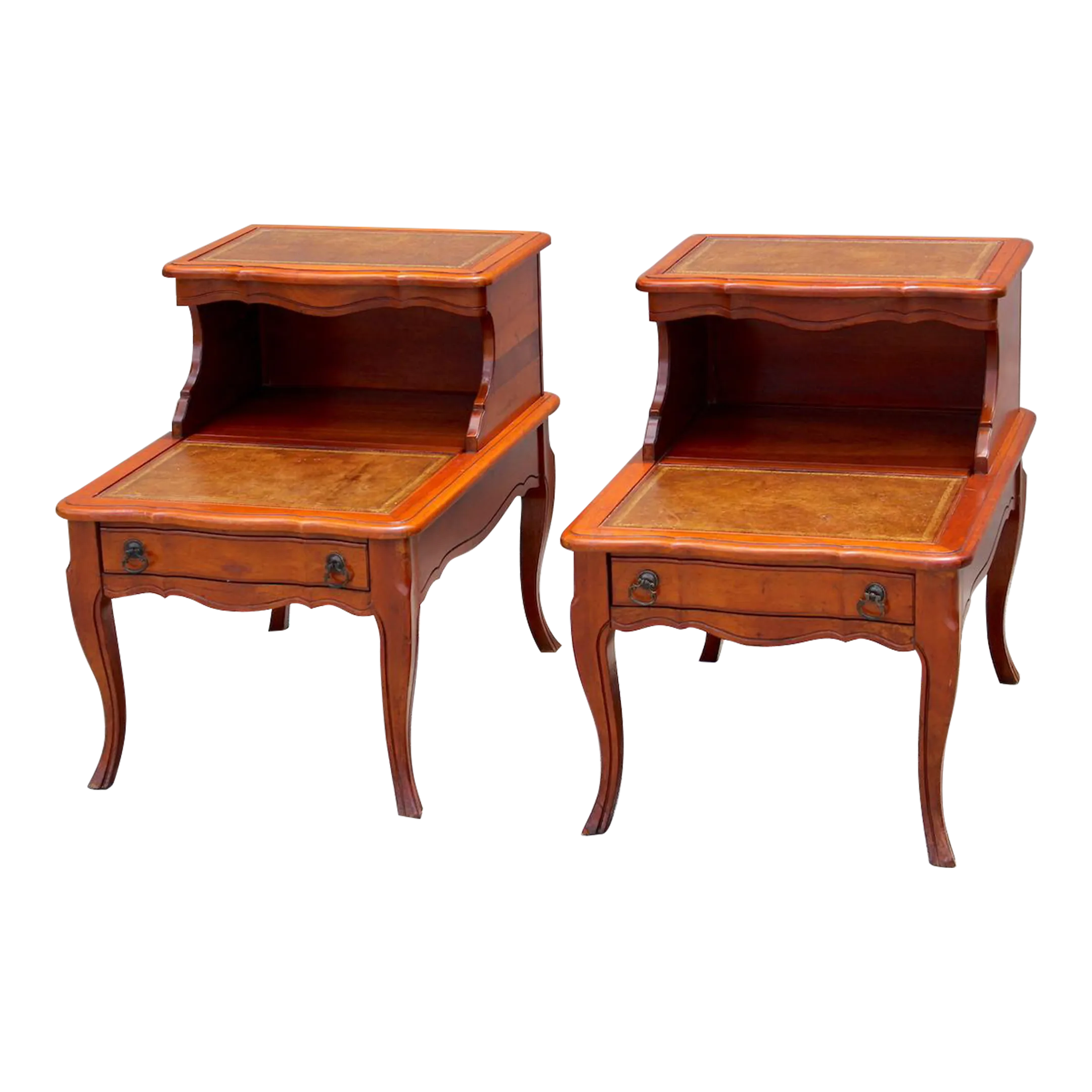 Pair of Vintage Two-Tier Leather Step Side Tables With Drawers | Chairish