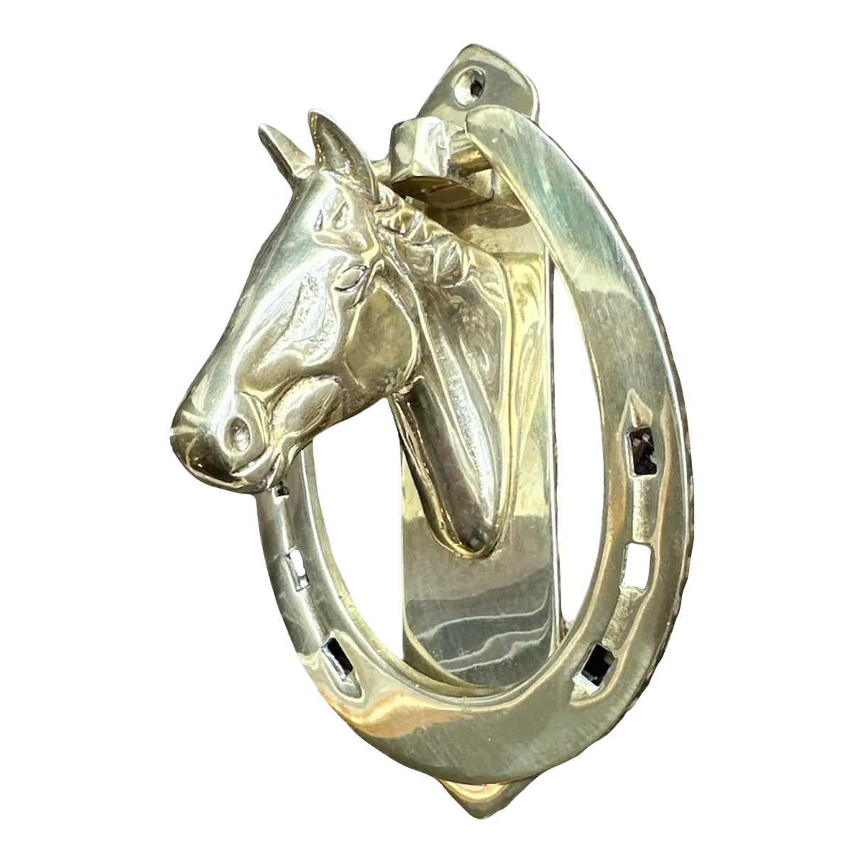 Vintage Brass Equestrian Horsehead Horseshoe Door Knocker Hardware ...
