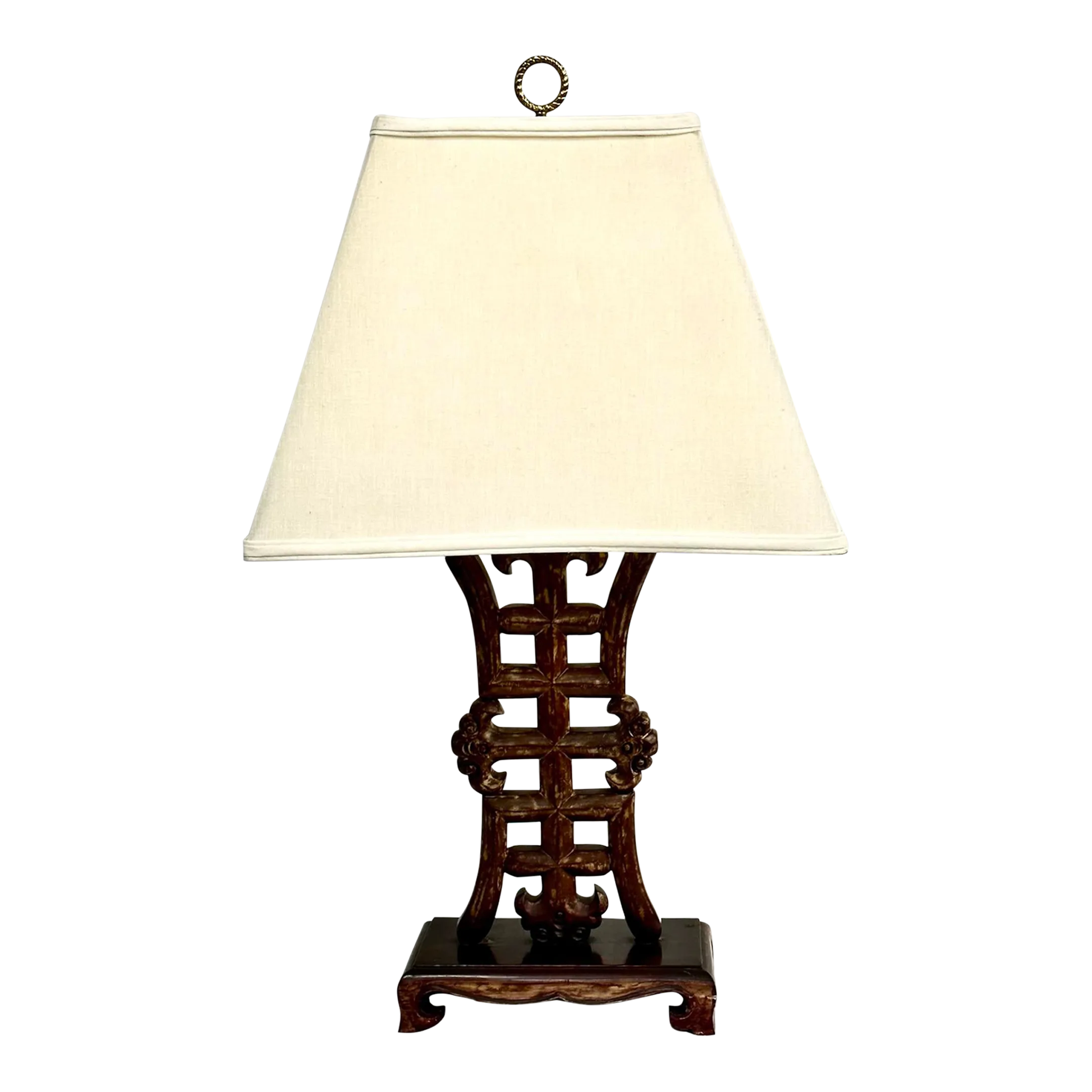 Vintage Chinese Shou Symbol Wooden Carved Table Lamp With Shade | Chairish
