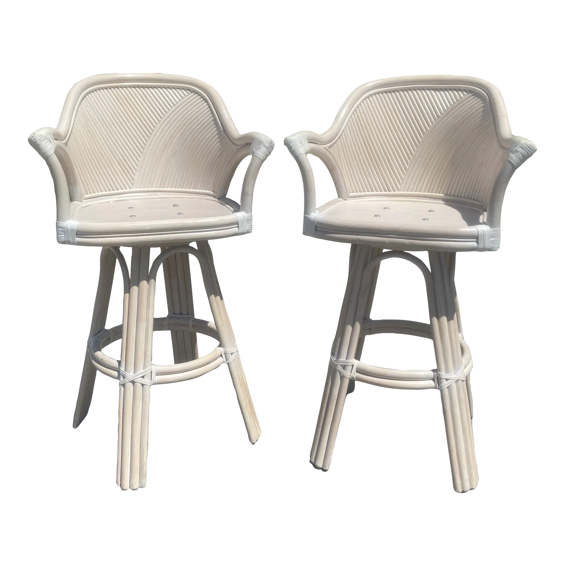Boho Chic Beige Pencil Reed Rattan Swivel Bar Stools- Set of 2 | Chairish