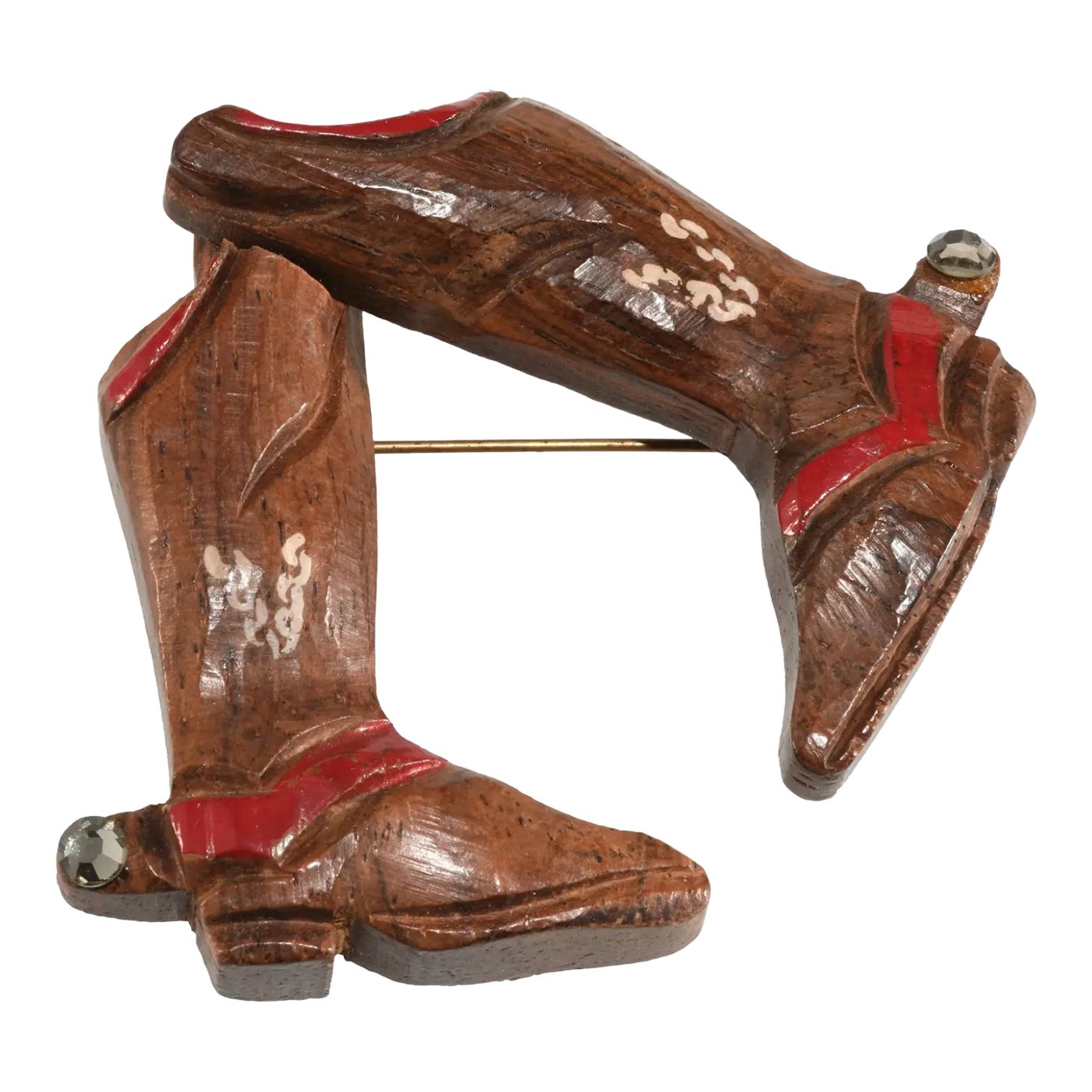 Vintage Wooden Western Cowboy Boots Brooch Pin | Chairish