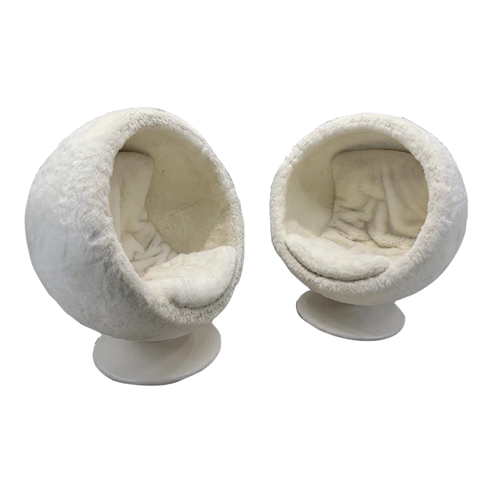 Modern Atomic Space Age Style Orbit Swivel Pod Lounge Chairs by Rh Teen in a Kashmir White Faux ...