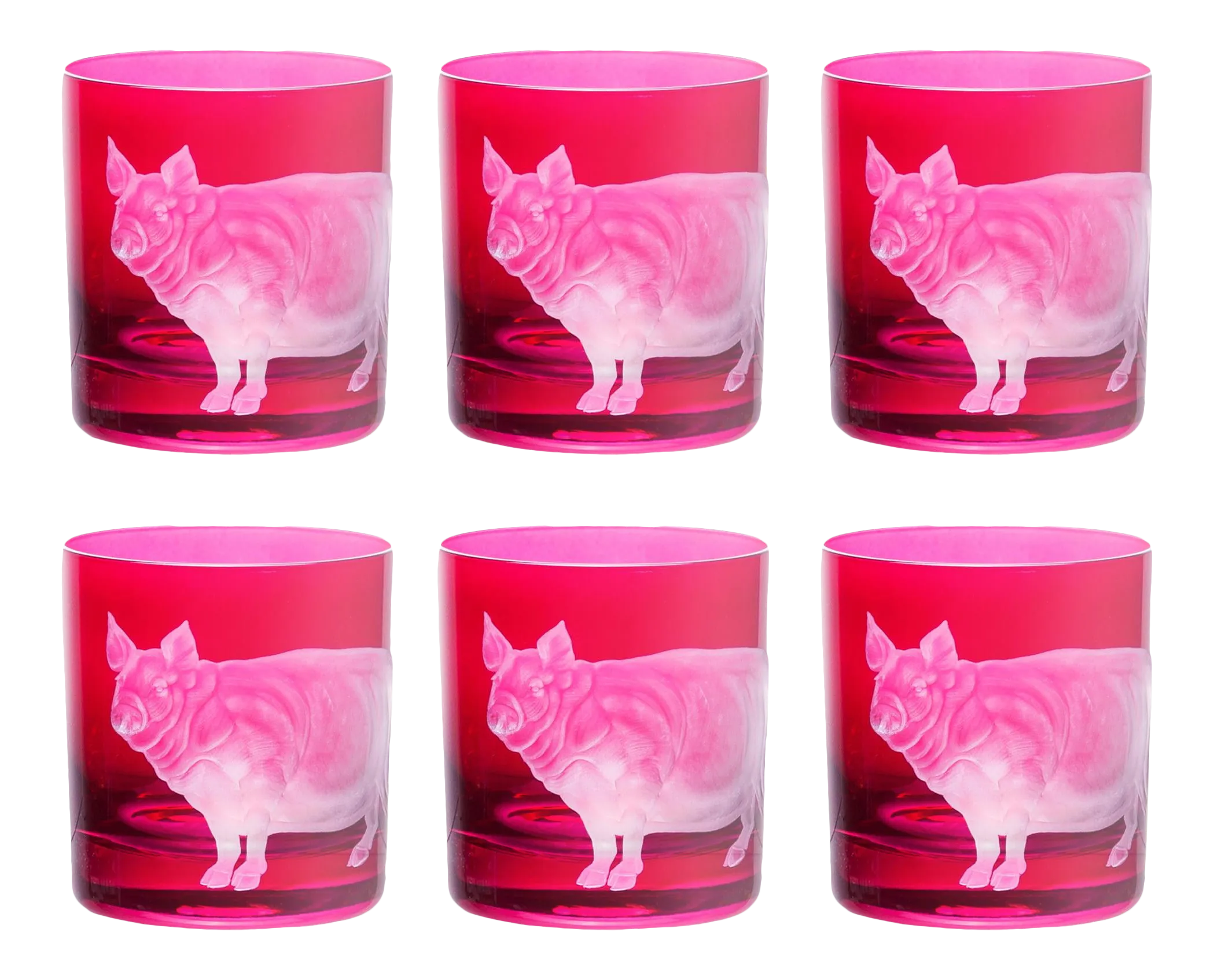 Farm Pig Double Old Fashioned Glasses Fuschia - Set of 6 | Chairish