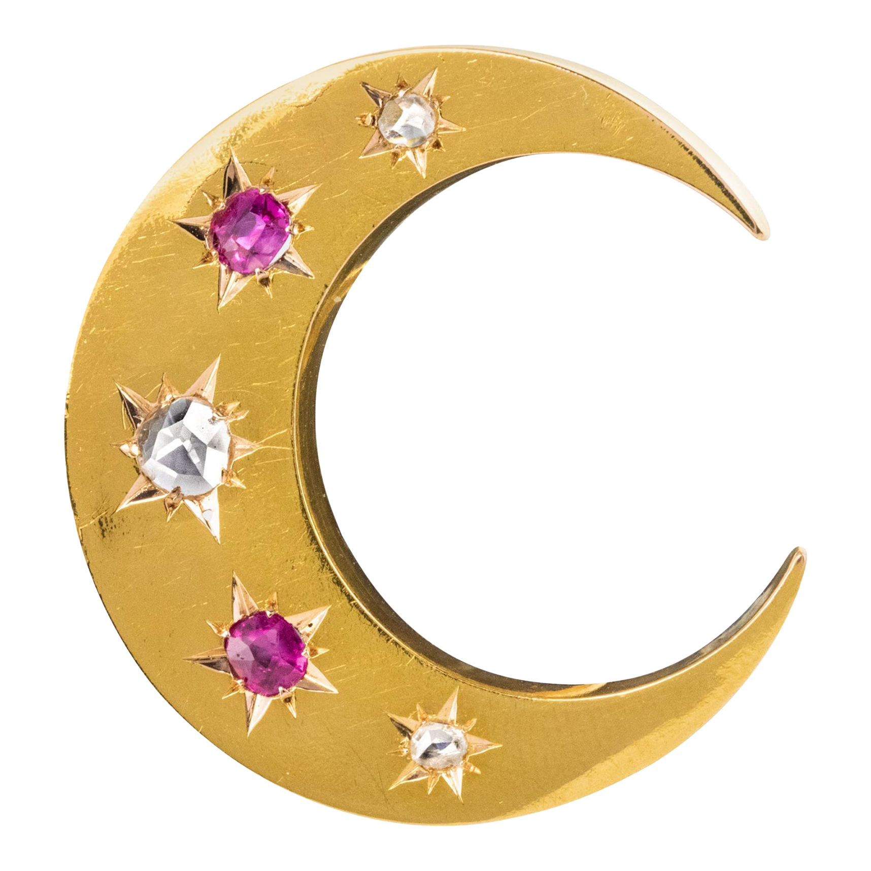 20th Century French Diamonds Ruby 18 Karat Yellow Gold Moon Brooch ...