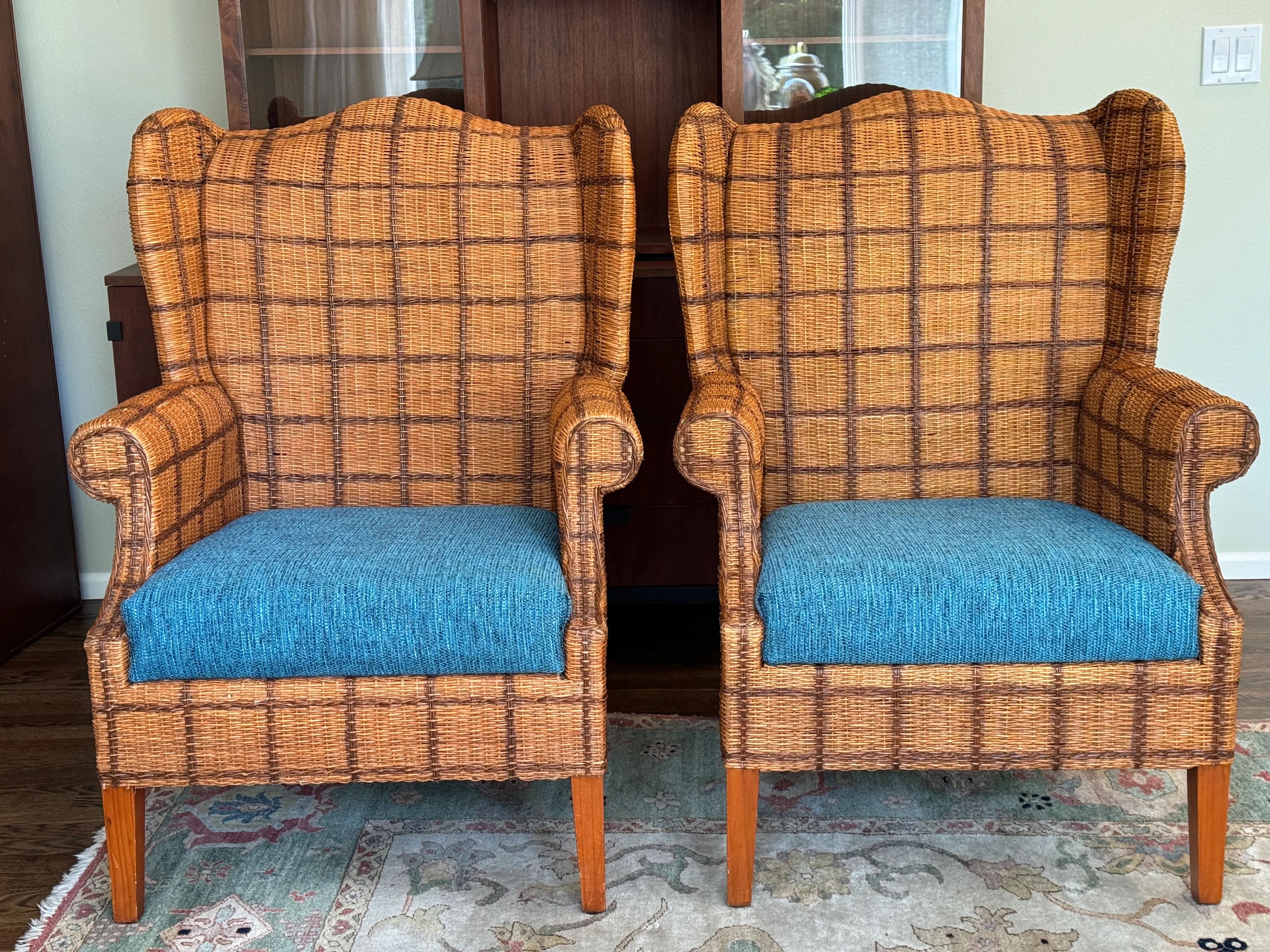 Bespoke Vintage Palecek Wicker Rattan Wingback Chairs a Pair