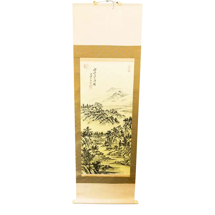 Vintage Japanese Landscape Ink and Wash Painting Silk Scroll | Chairish