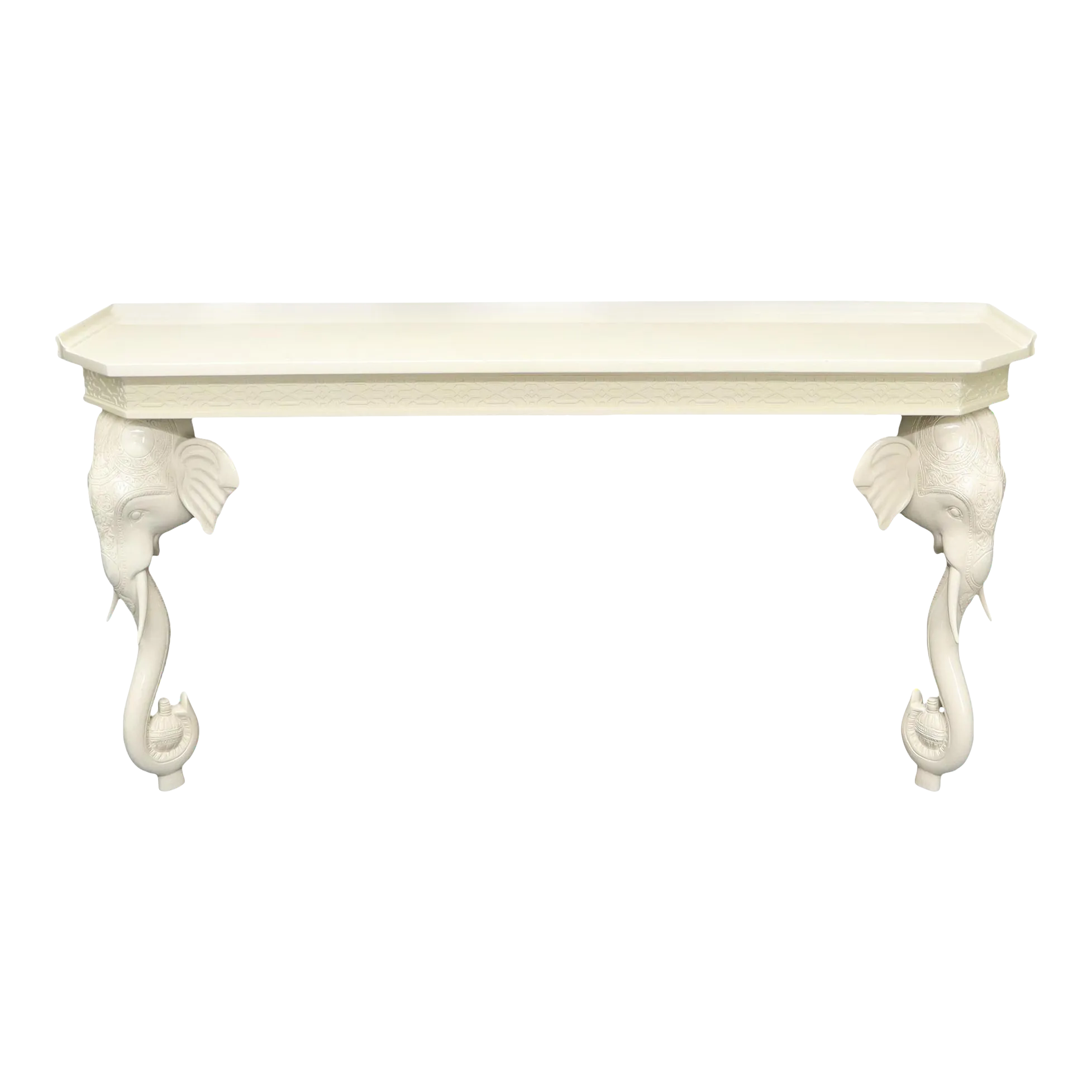 White Lacquer Carved Elephant Bases Console Wall Table | Chairish