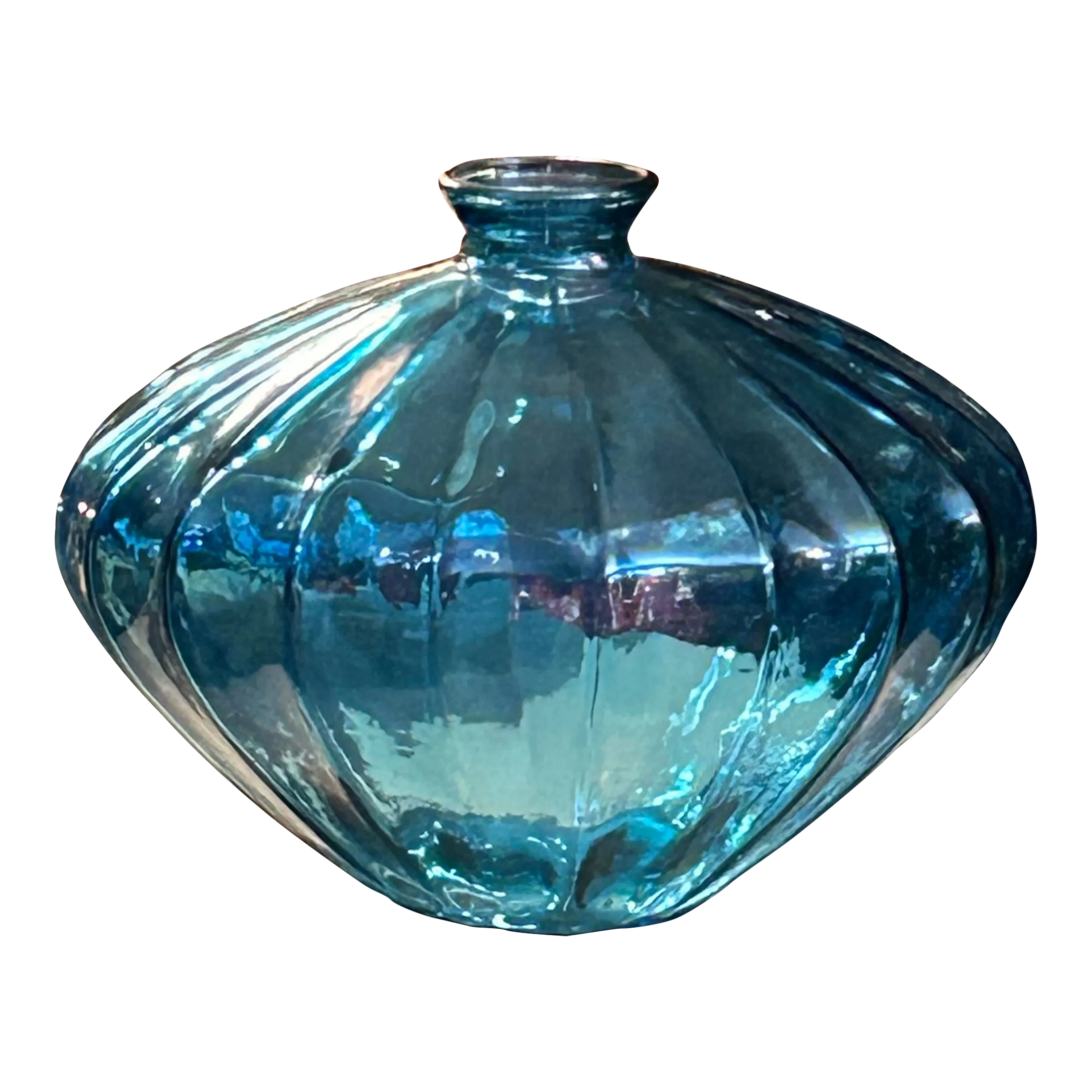 1980s Oversized Vintage Heavy Blue Ribbed Vase | Chairish