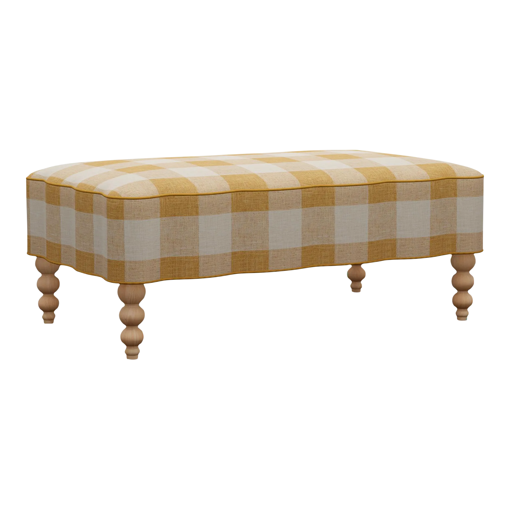 Mirasol Scalloped Ottoman, Solé Check with Tumeric Linen Welt | Chairish