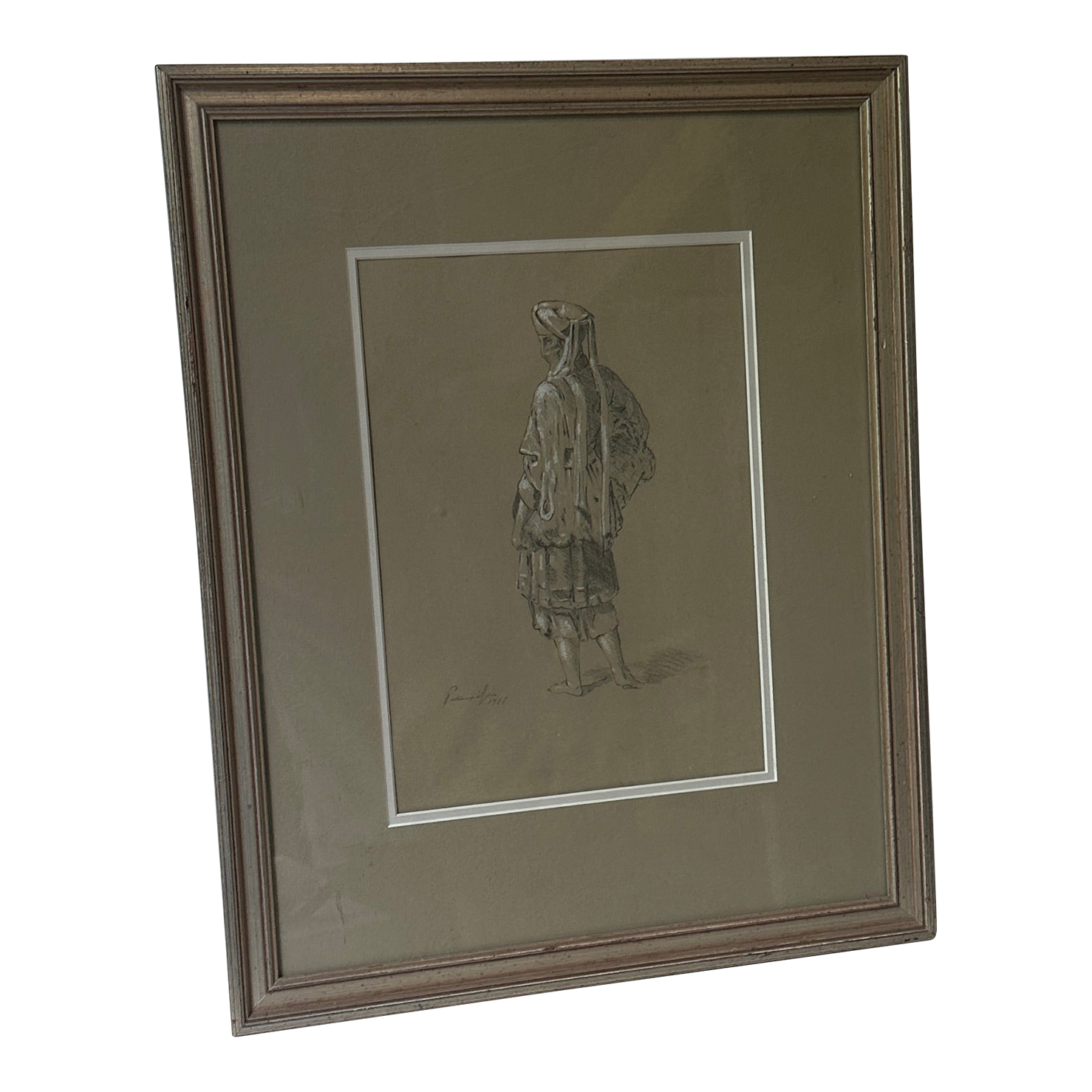 1970s Pencil and Pastel, Framed and Signed Drawing of Traditional Man ...