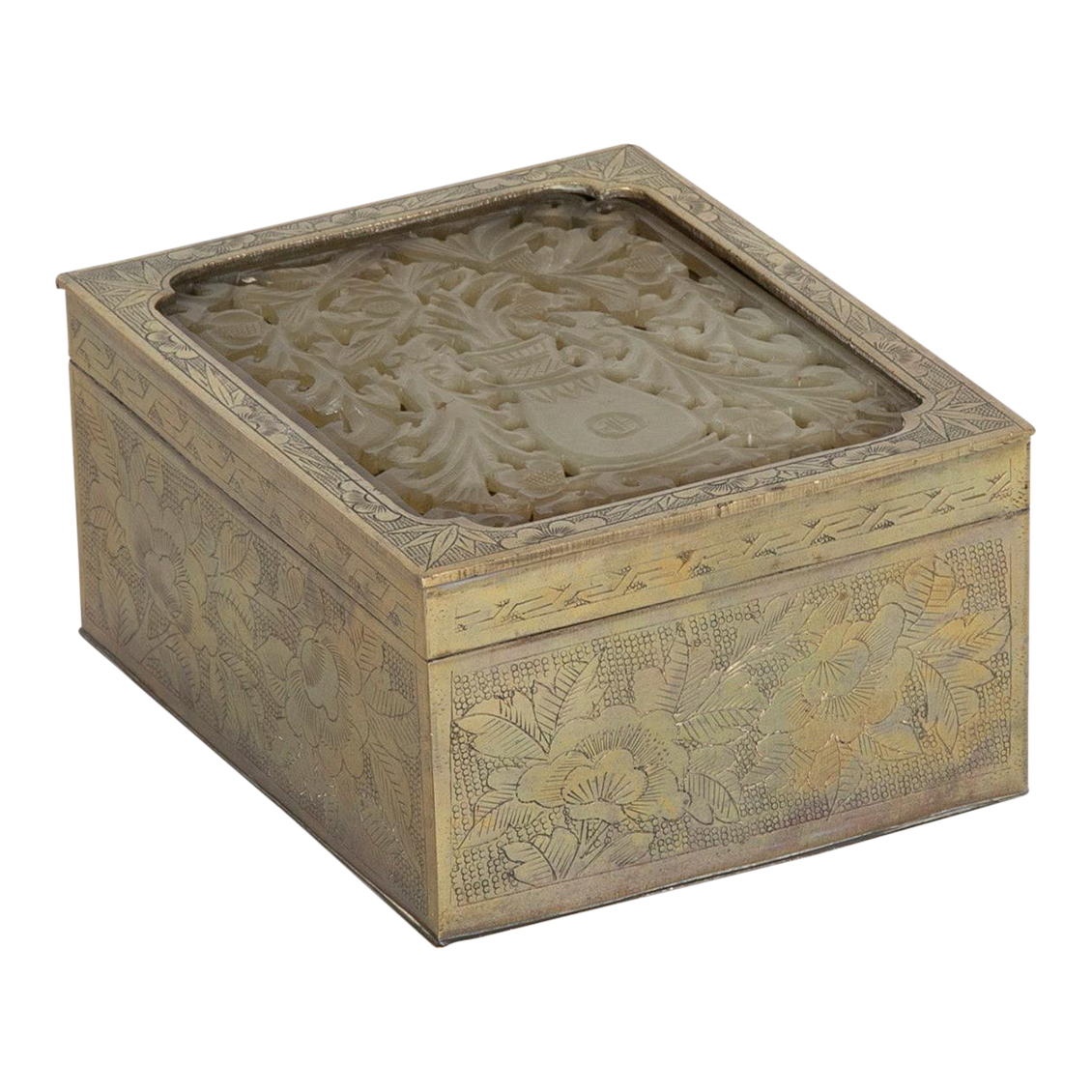 Circa 1900 Chinese Etched Brass Box with Carved Jade Inset Top | Chairish