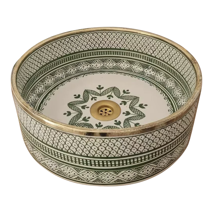 Contemporary Handcrafted Farmhouse Green Basin With Brass Rim | Chairish
