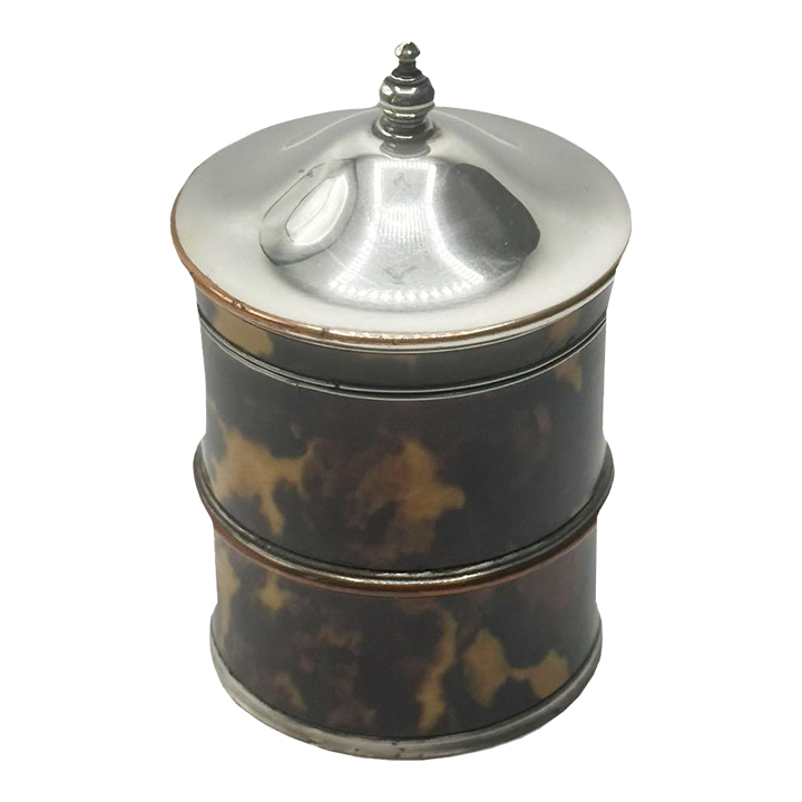 Round Faux Tortoiseshell and Silver Plate Tea Caddy | Chairish