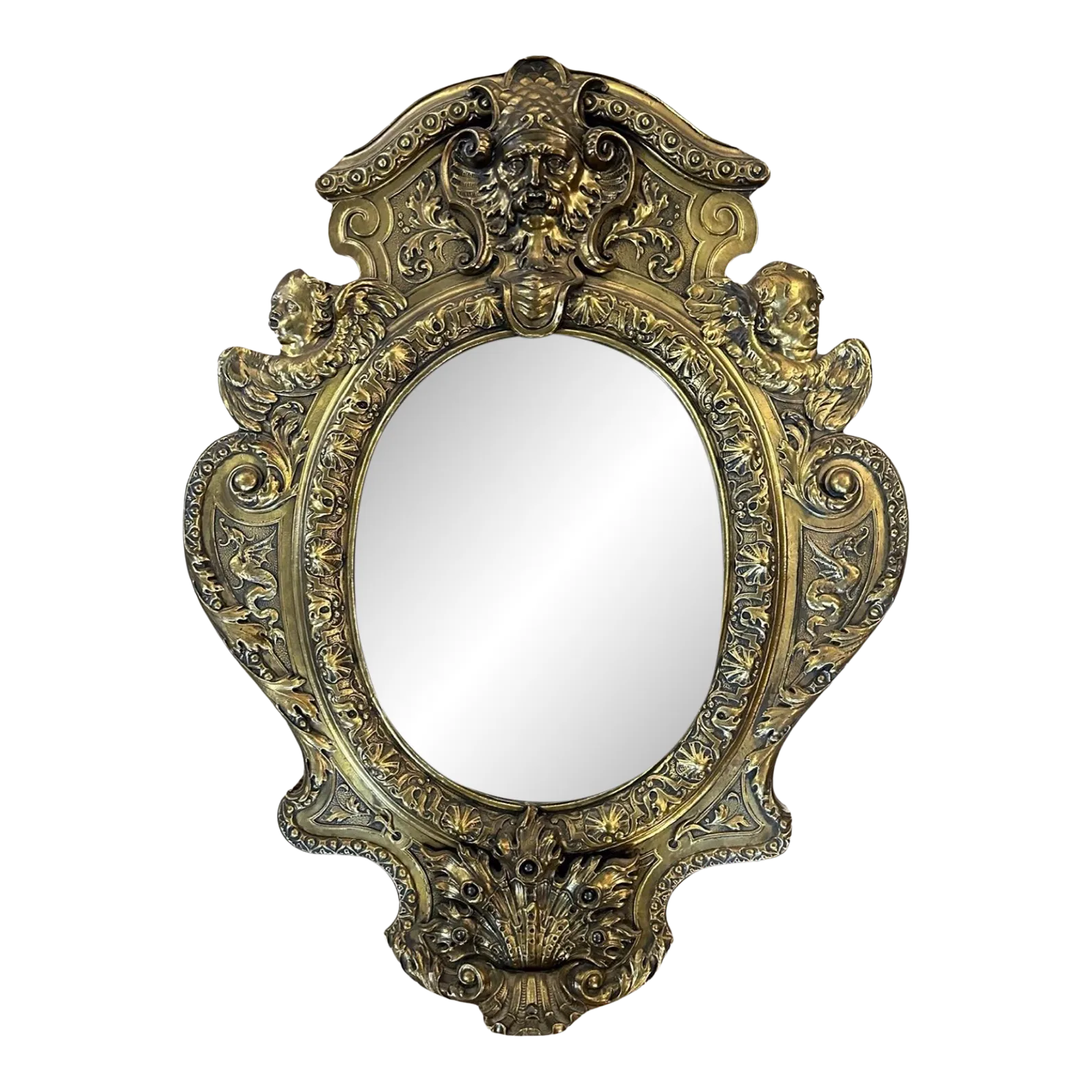 Vintage Rococo Revival Repousse Brass Oval Mirror With Cherubs and ...