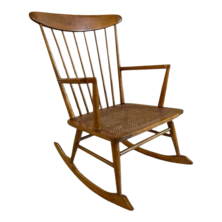 Mid-Century Modern Spindle Back Cane Seat Rocking Chair | Chairish