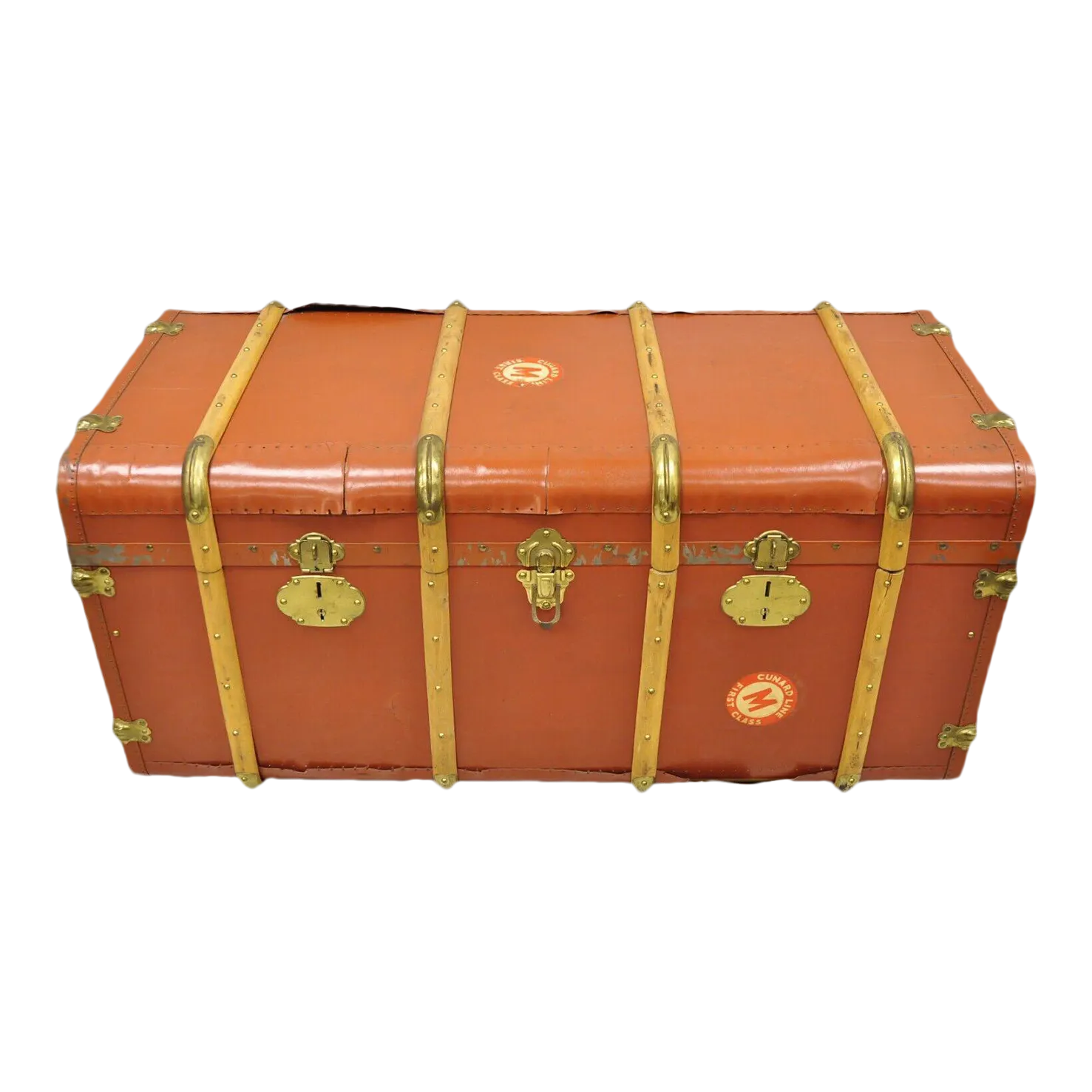 Antique Wooden Band Large Steamer Trunk Orange Ship Trunk Cunard Line ...
