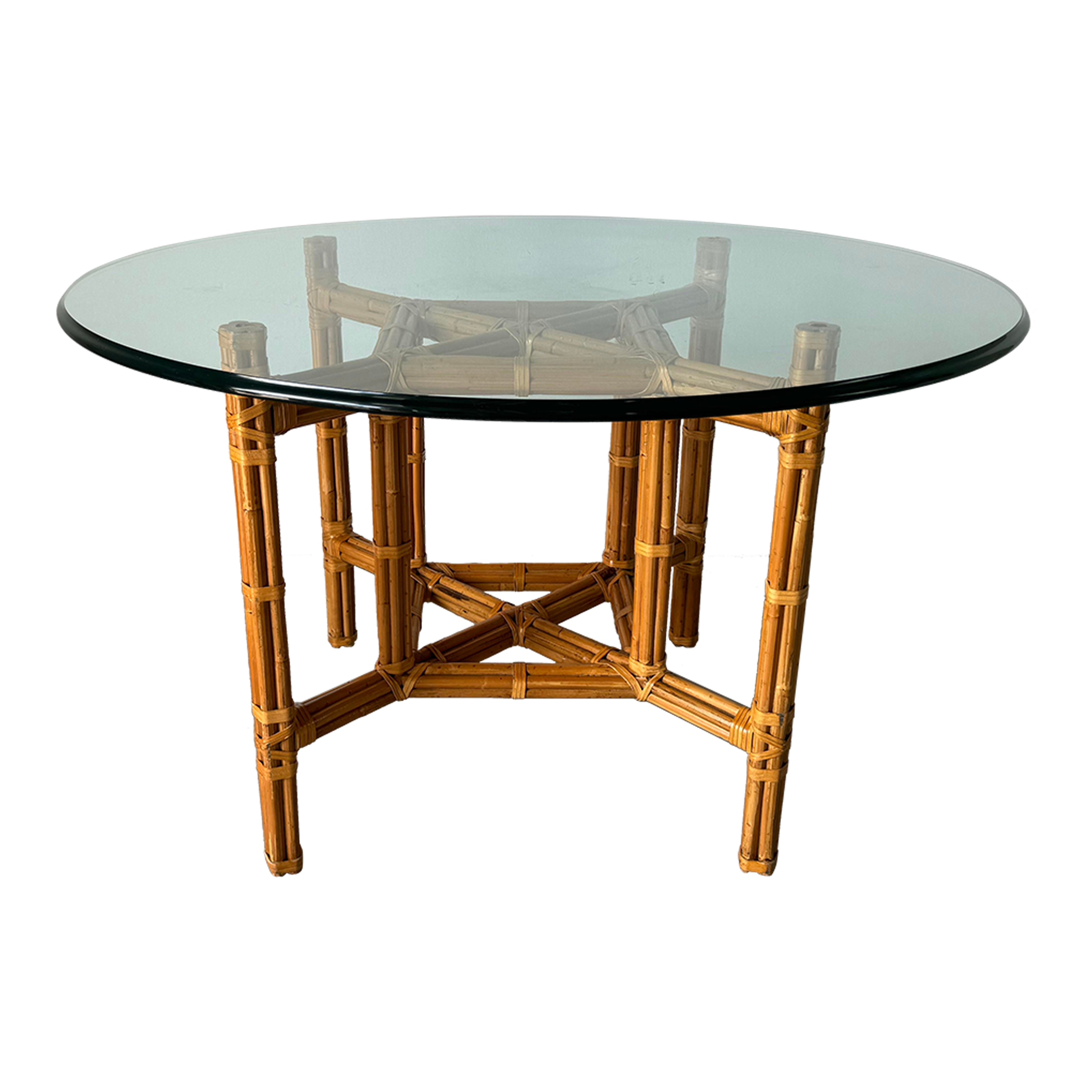 McGuire Style Bamboo & Leather Dining Table W/ Glass Top | Chairish