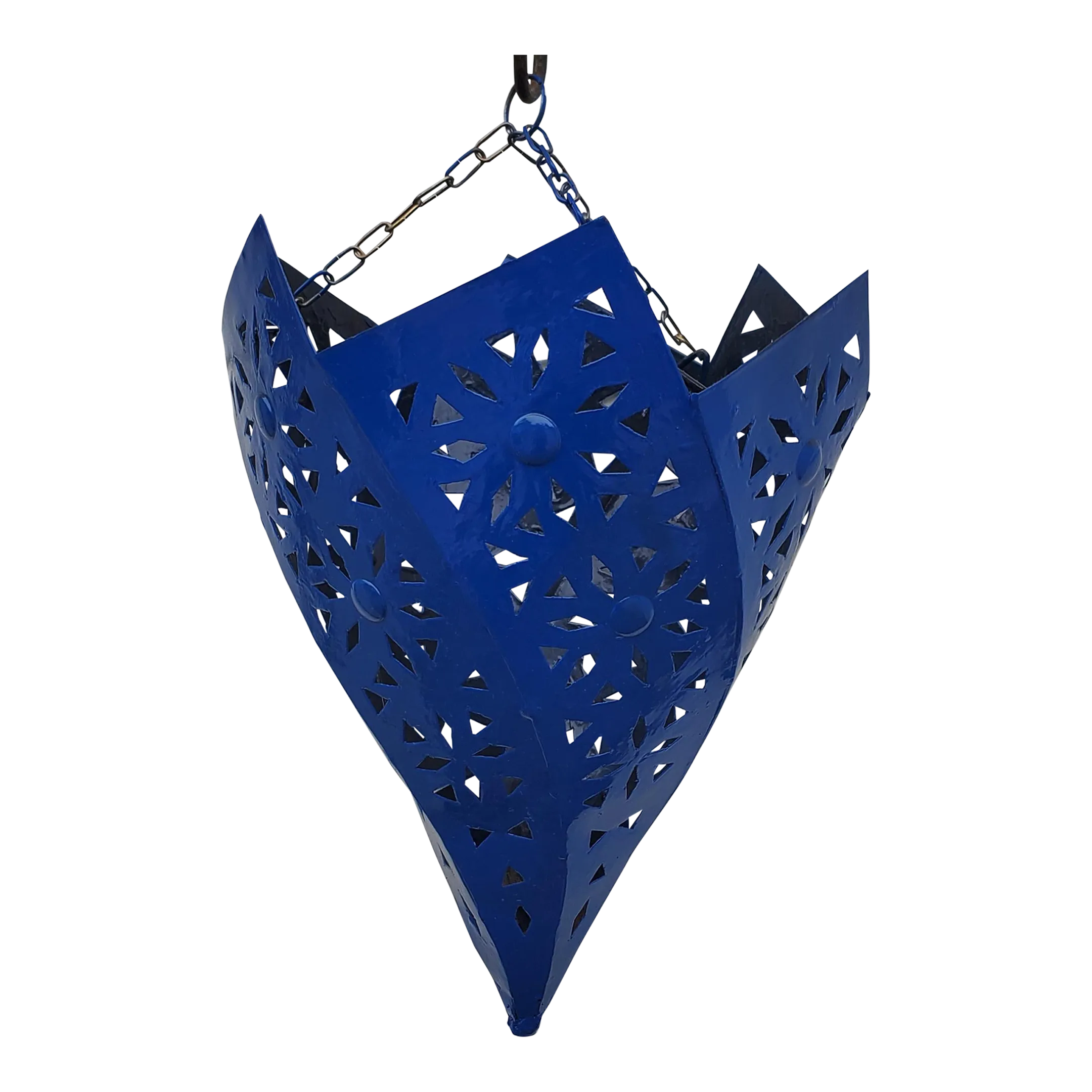 Moroccan Blue Metal Hand Pierced Pendant Lantern | Chairish