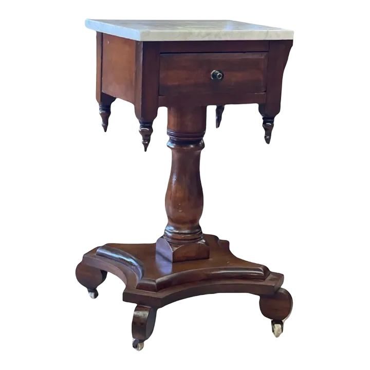 1970s Antique End Table Stand With Dovetail Drawers Stone Top | Chairish