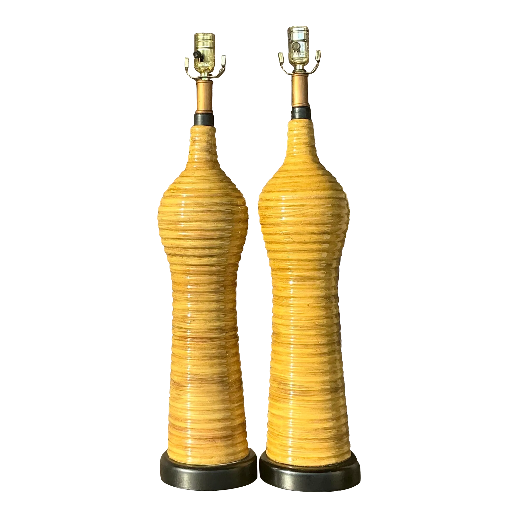 Vintage Boho Ceramic Stacked Rattan Lamps - a Pair | Chairish