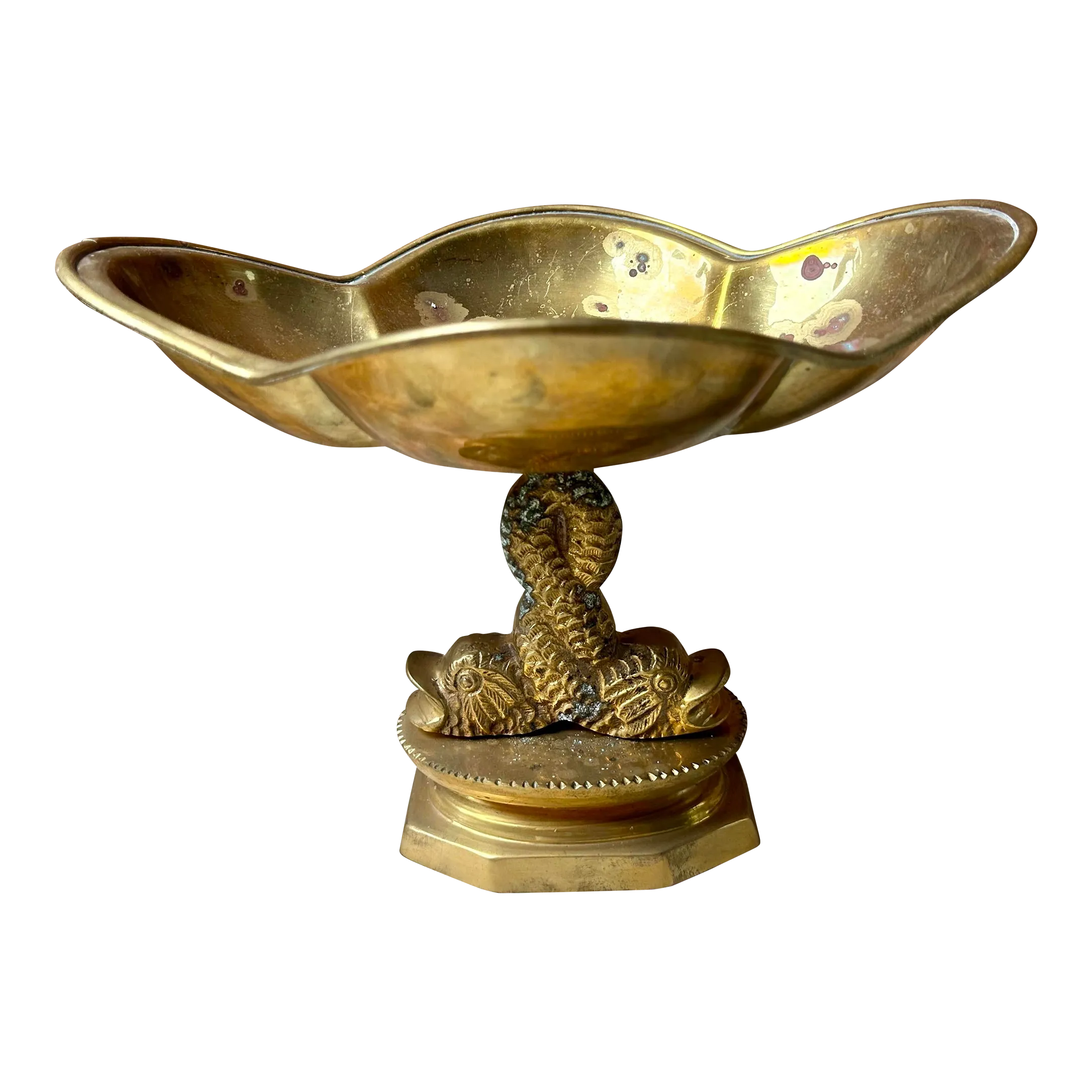 Vintage Large Brass Pedestal Bowl With Dolphin Foo Fish Base | Chairish