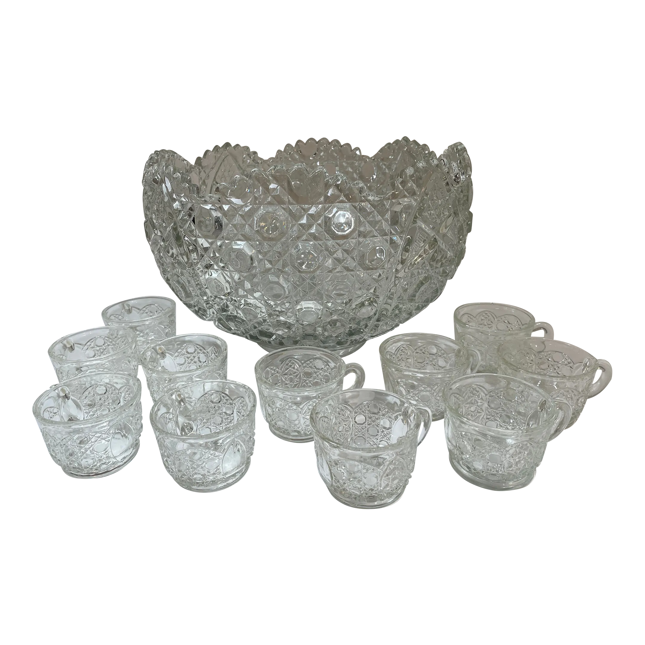 Vintage L. E. Smith Daisy Hobstar and Button Clear Glass Punch Bowl Set ...