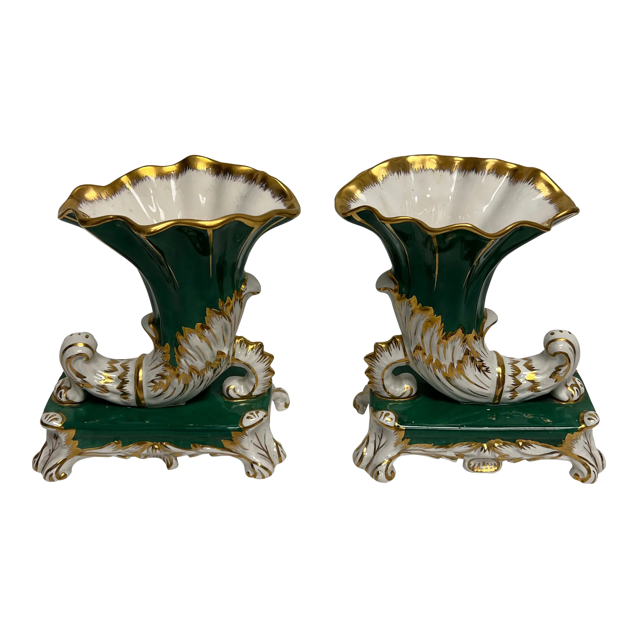 1940's Amoges Porcelain Cornucopia Vases, a Pair | Chairish