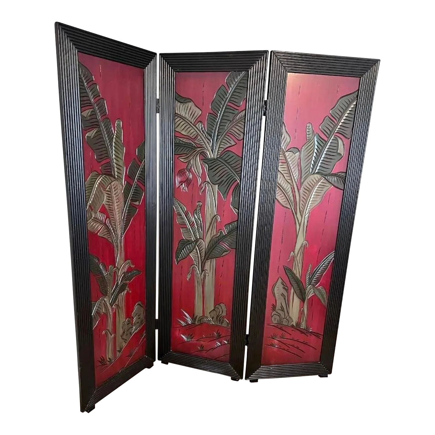 Late 20th Century Three-Panel Asian Screen With Palm Leaf Accent Red on ...