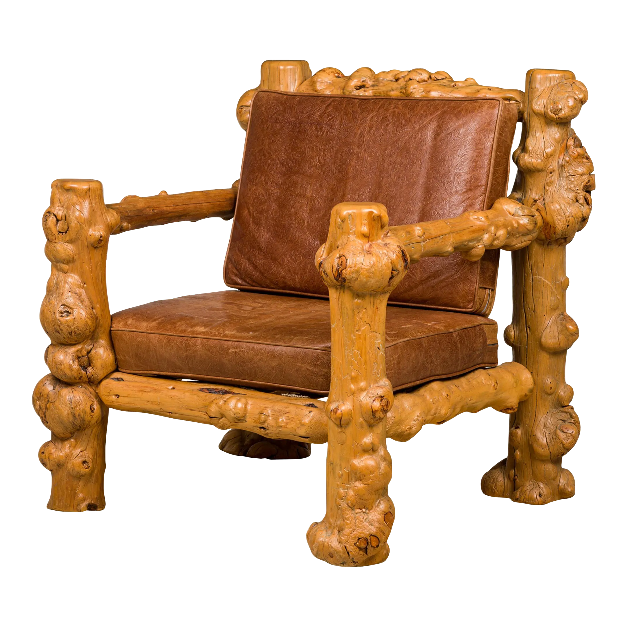 Rustic Blond Root Wood and Embossed Leather Throne Armchair | Chairish
