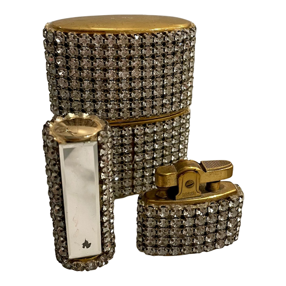 1950s Rhinestone Cigarette Box, Lighter and Lipstick Case Set Trickette ...