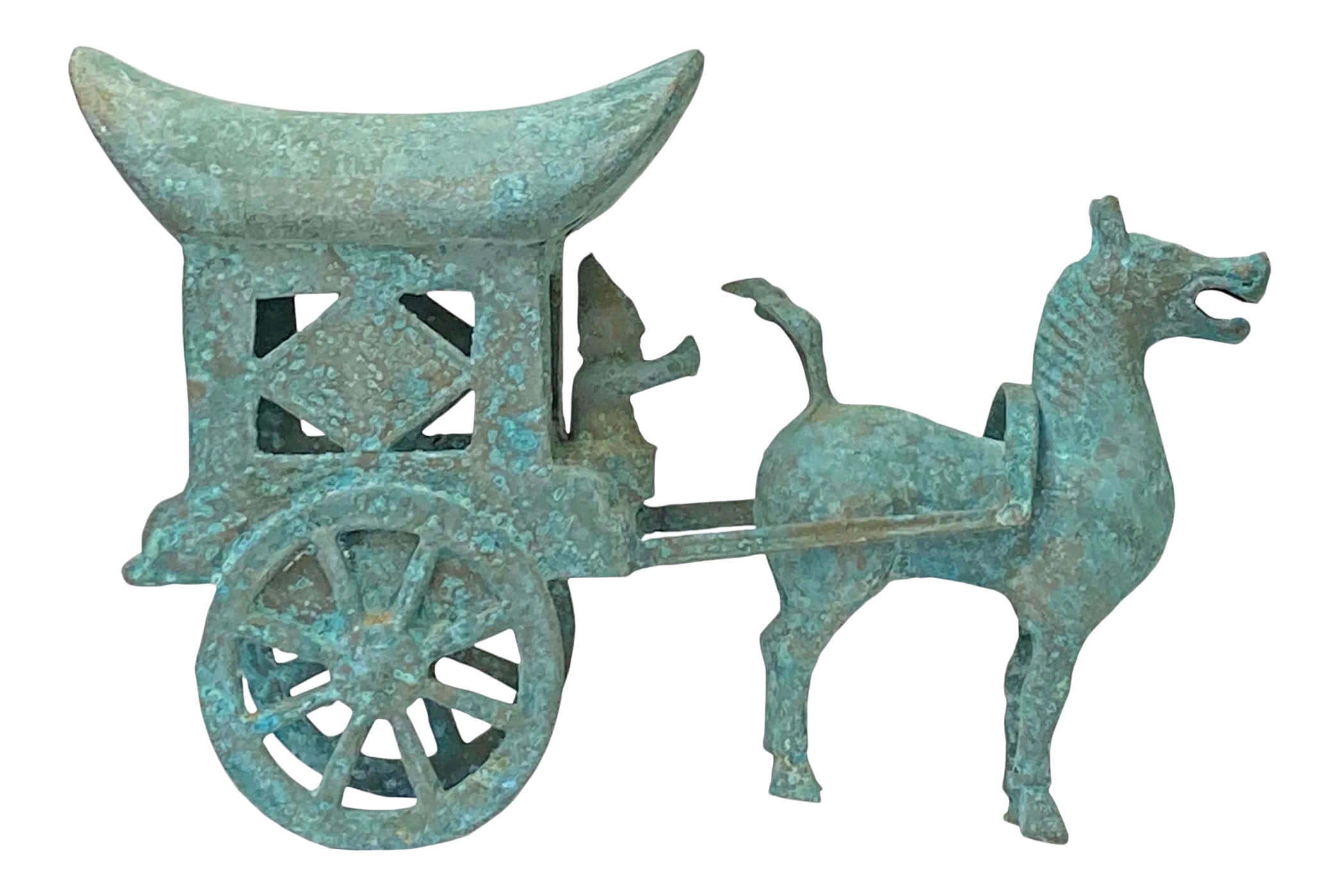 Chinese Rustic Light Green Vessel Ancient Horse Cart Display | Chairish