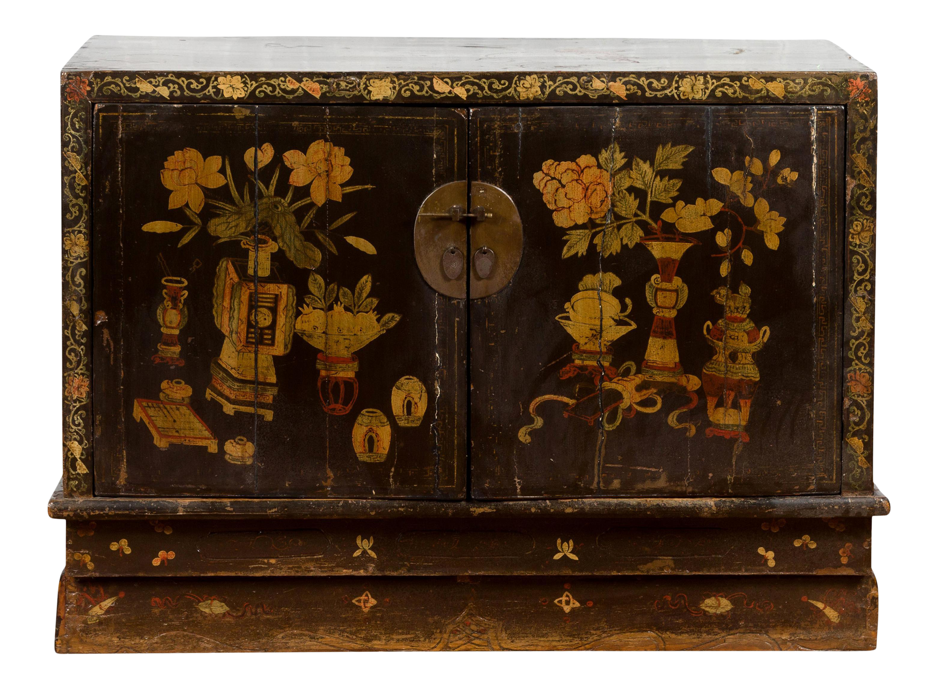 Chinese 19th Century Dark Brown Lacquered Sideboard with Hand Painted Motifs