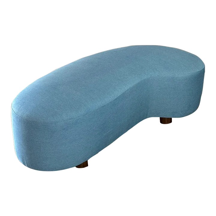 Denim Ottoman With Walnut Legs | Chairish