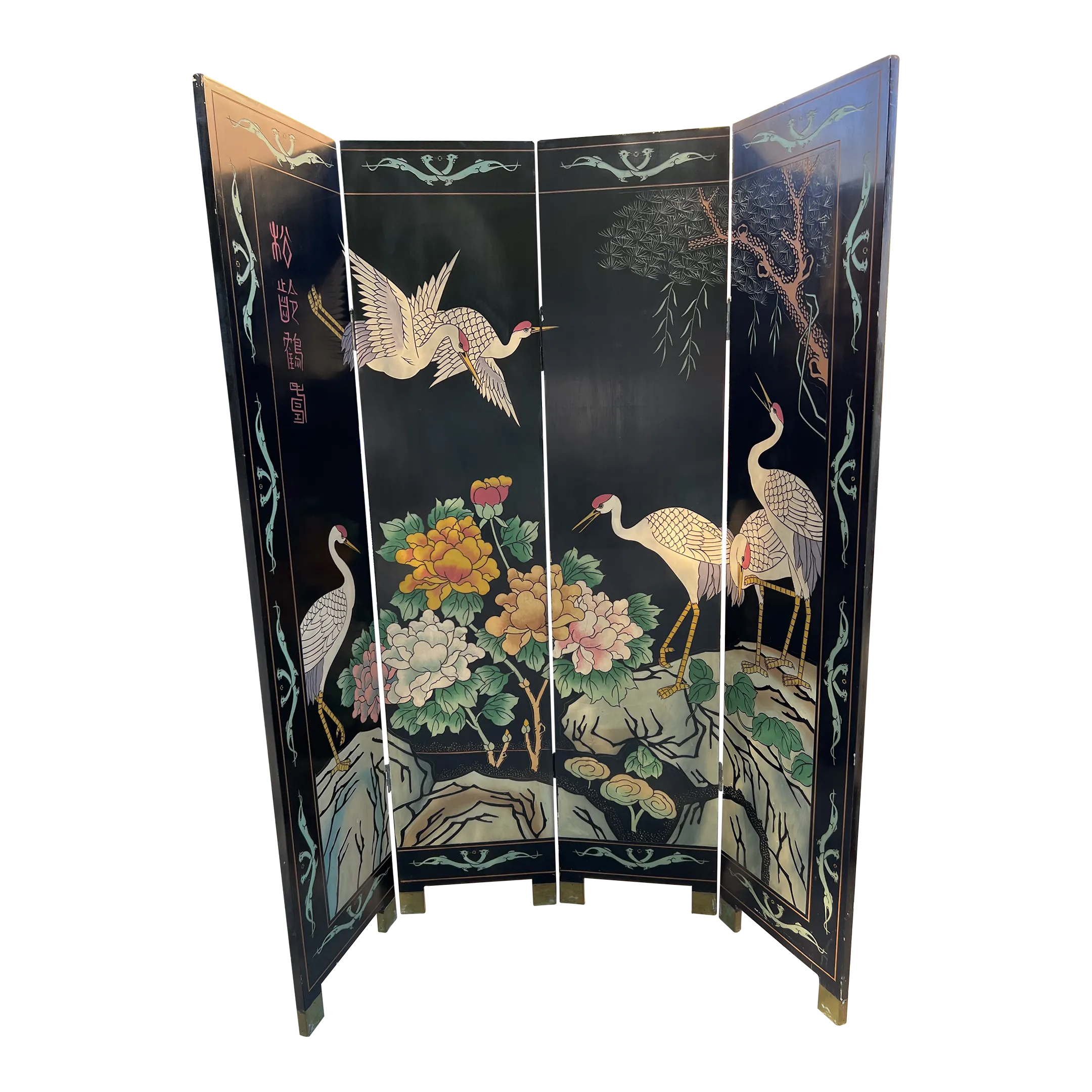 Coromandel Vintage Asian Crane Screen With Greek Key | Chairish