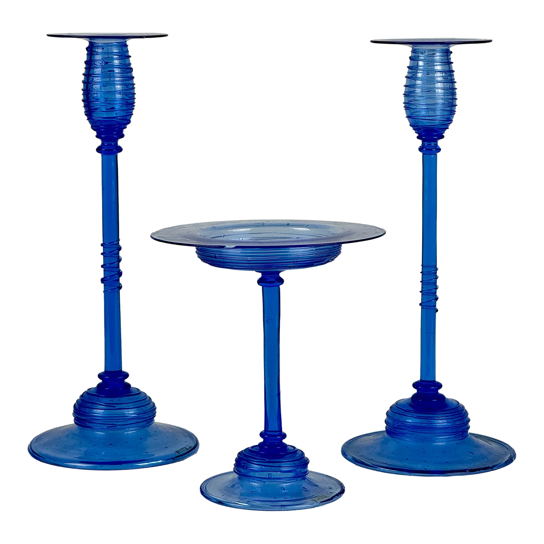 Set of 3 Vintage Steuben Glass Works, 2 Candlestick & a Compote, Reeded ...