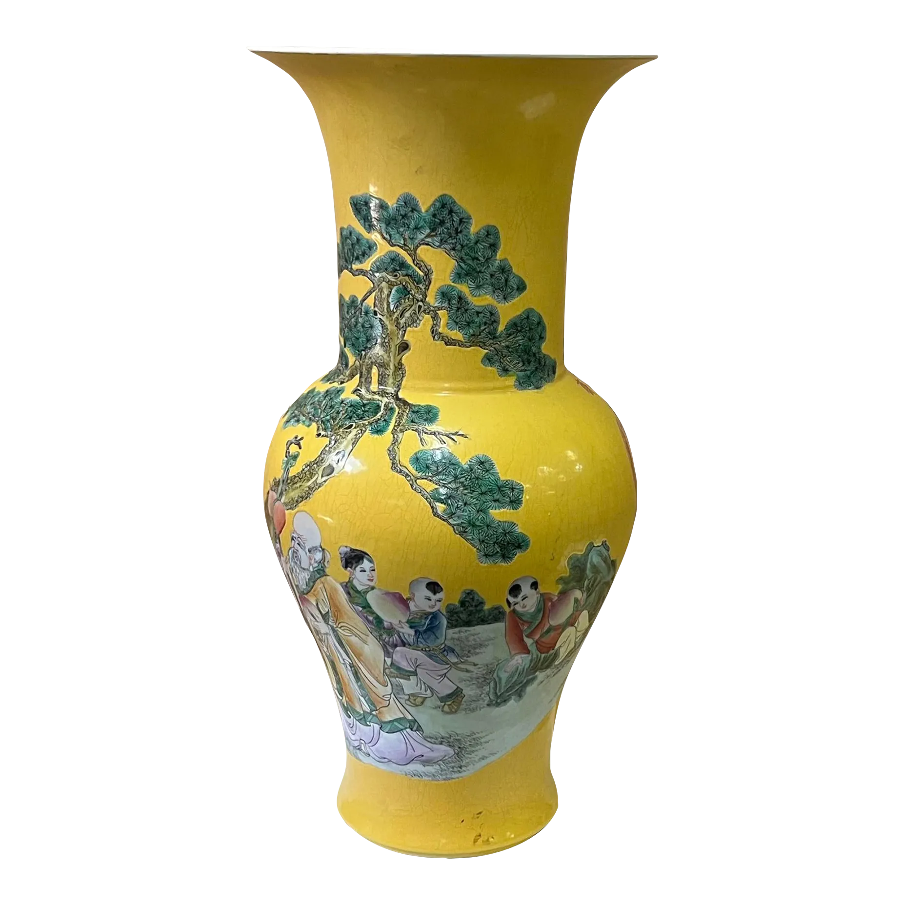 Vintage Chinese Yellow Base People Scenery Wide Mouth Porcelain Vase ...
