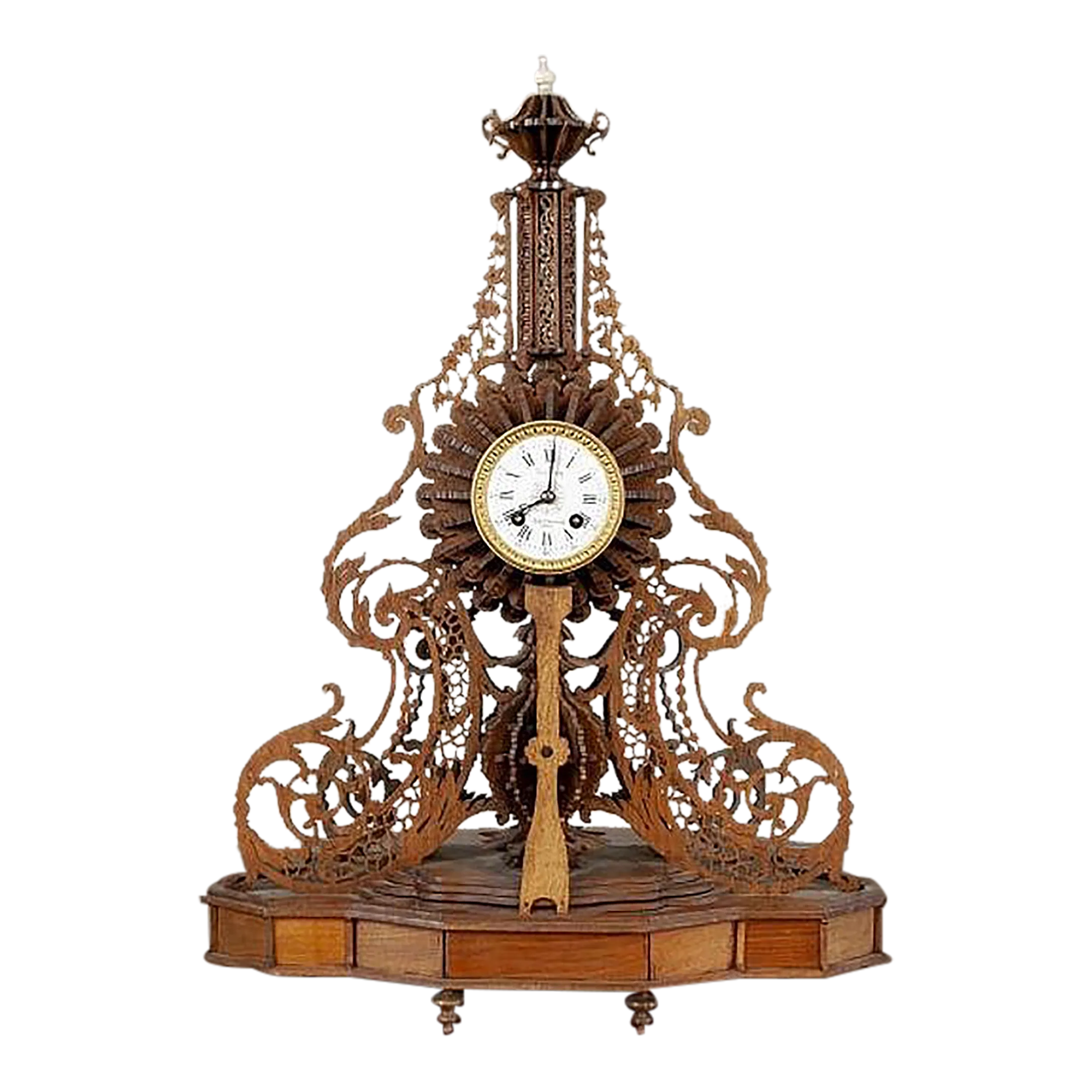 Carved Exotic Wood Mantel Clock From the Late 19th Century | Chairish