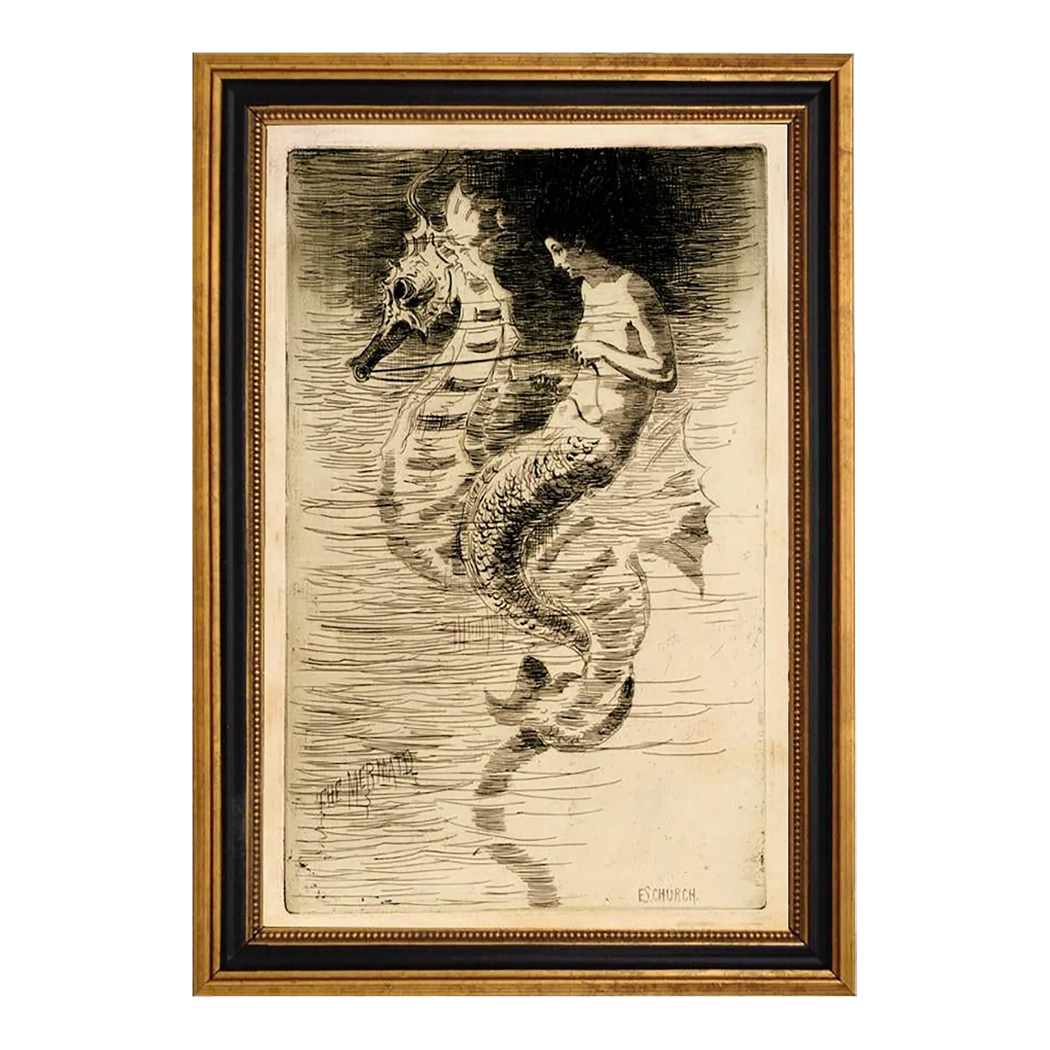 Mermaid and Sea Horse Illustration Framed Reproduction Print | Chairish