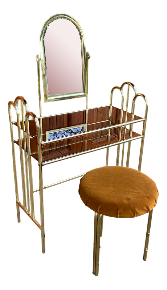 Vintage Dressing Table and Stool in Brass 1950s Set of 2