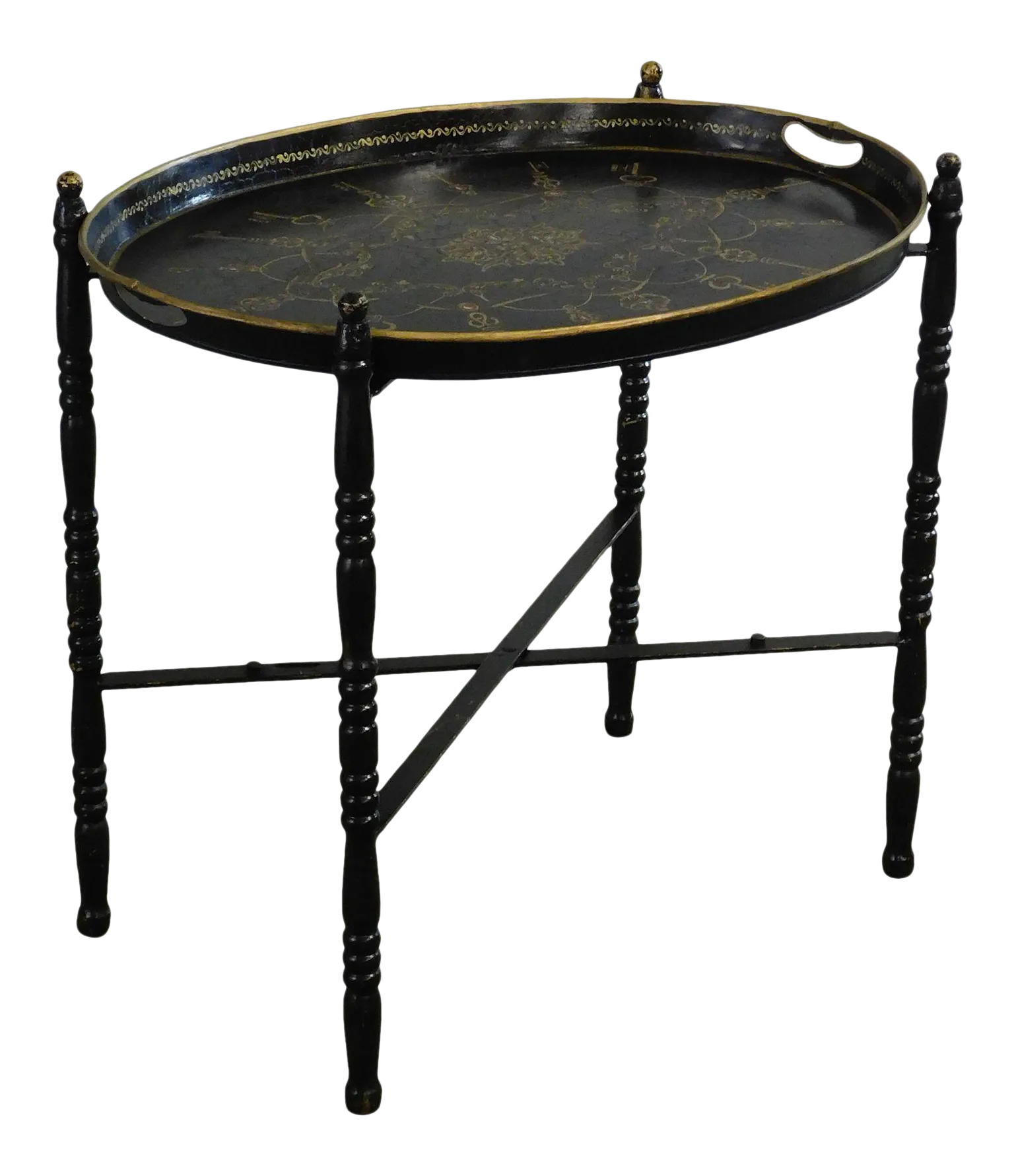 Vintage Handpainted Tole Tray Table on Folding Metal Base | Chairish