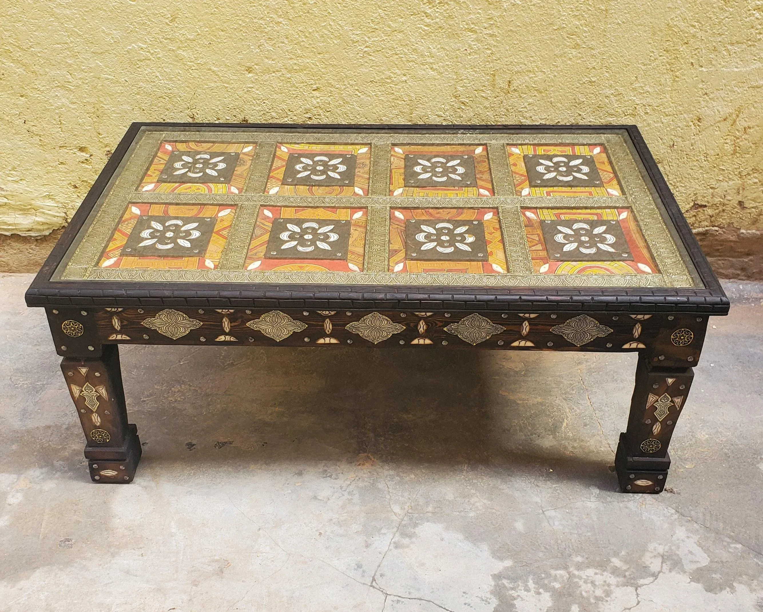 Moroccan Cedar Wood and Metal Inlaid Coffee Table