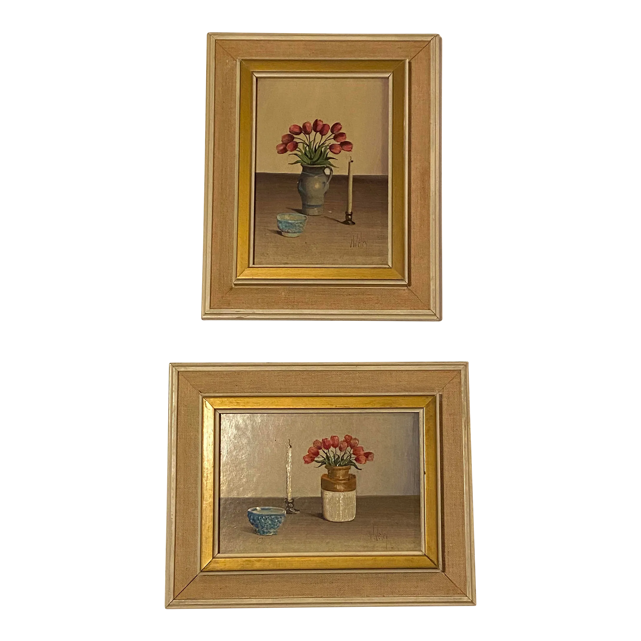 Original Vintage Pair of Miniature Still Life V. Weley Paintings | Chairish